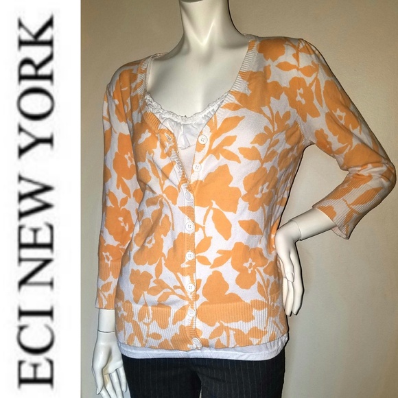 ECI | Tops | Eci Peach White Floral Knit Button Down Top Cardigan ...